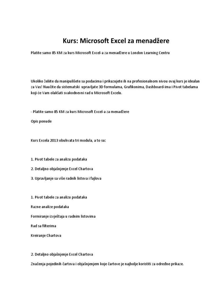 Kurs Microsoft Excel Za Menadžere | PDF