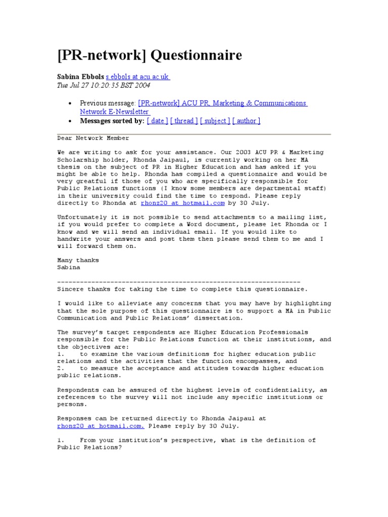 Questionnaireon PR | PDF | Public Relations | Higher Education