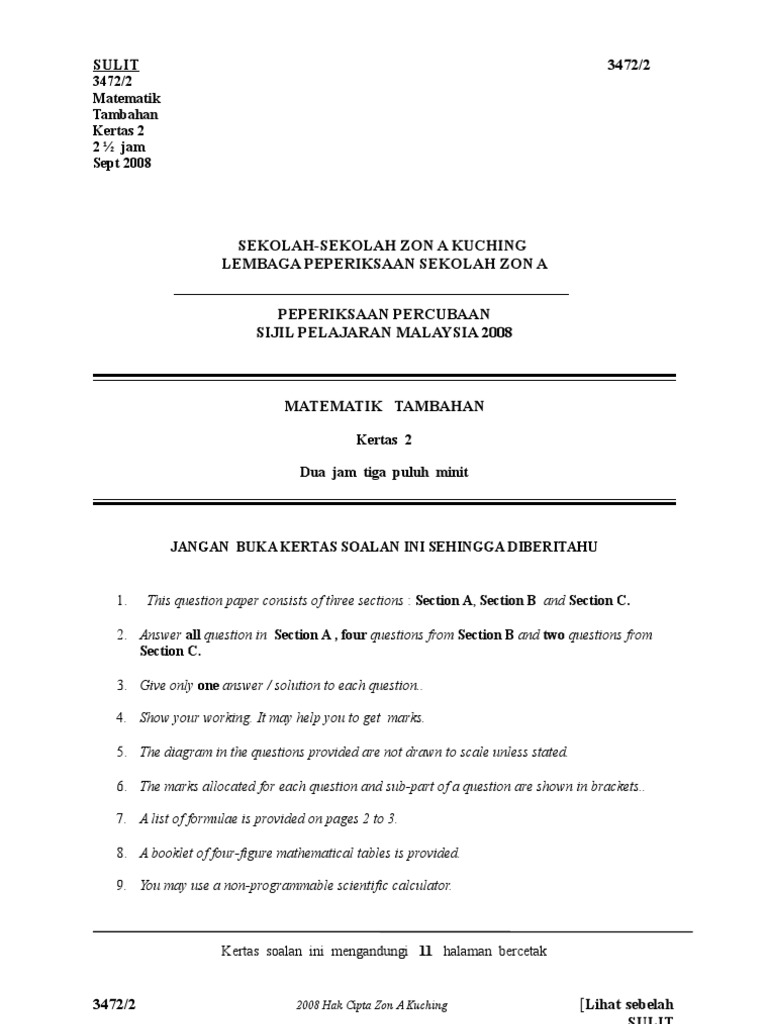 Add Math P2 Trial SPM Zon A Kuching 2008 | PDF