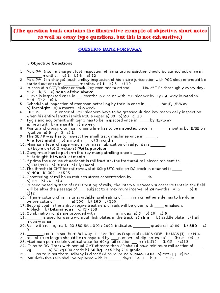 P.Way Inspection Question Bank | PDF | Track (Rail Transport) | Rail ...