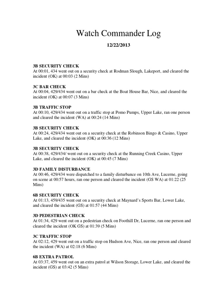 Lake County Sheriff's Watch Commander Logs | PDF | Traffic | Land Transport