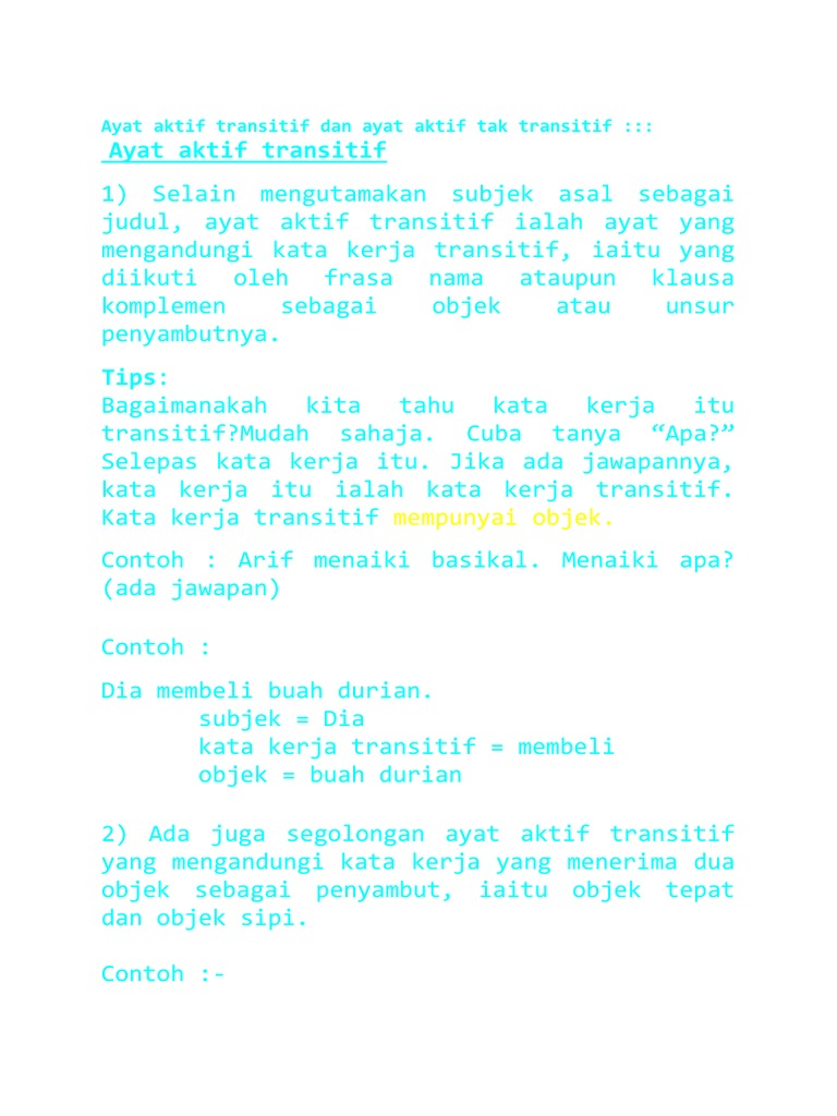 Ayat Aktif Transitif Dan Ayat Aktif Tak Transitif | PDF