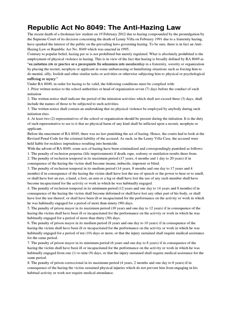 Republic Act No 8049 | PDF | Fraternities And Sororities | Common Law