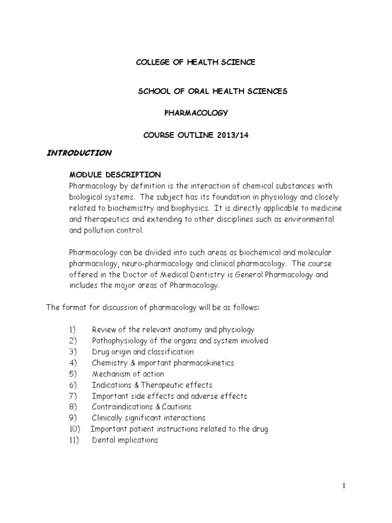 College of Health Science Pharmacology Course Outline | PDF ...