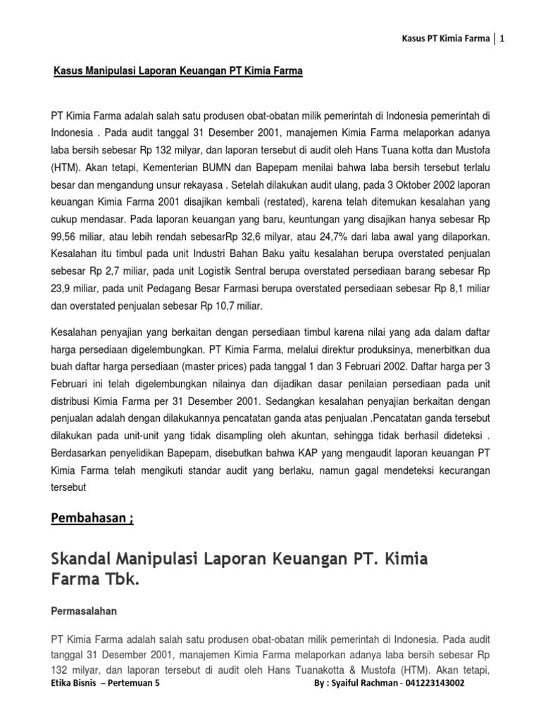 Pembahasan Tugas Etika Bisnis PT Kimia Farma by Syaiful Rachman | PDF