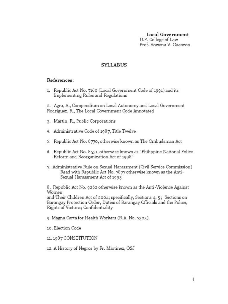 LOCAL GOV Syllabus Part1& 2 | PDF | Local Government | Political Science