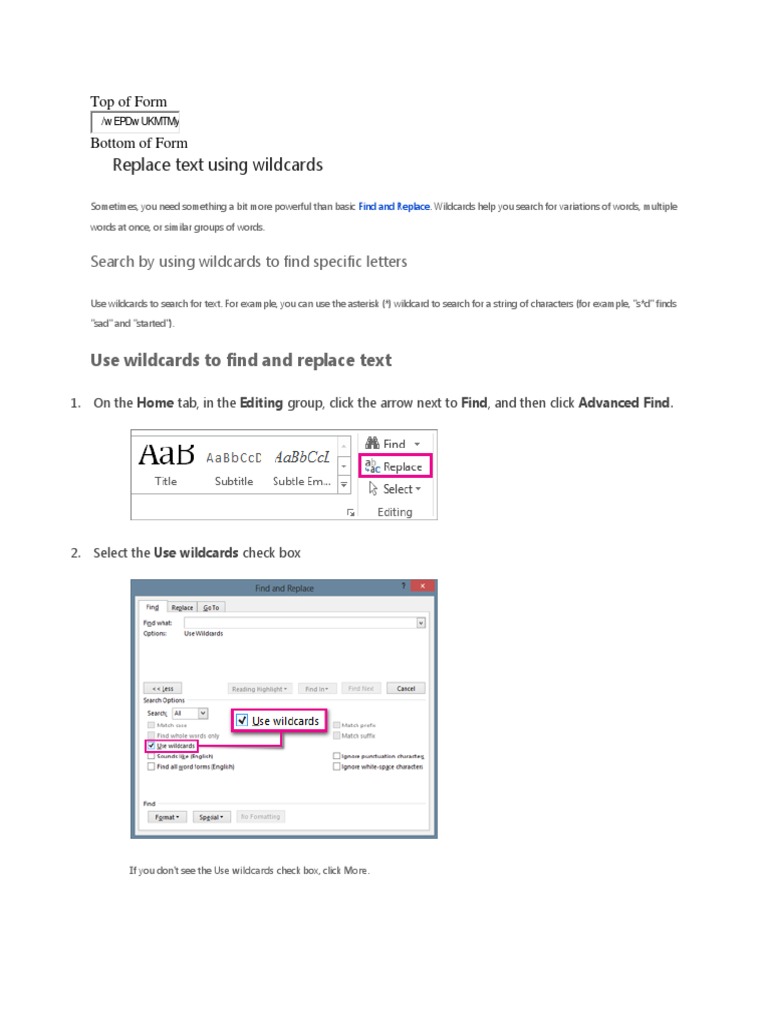 Use Wildcards To Find and Replace Text | PDF | String (Computer Science) | Typographical Symbols
