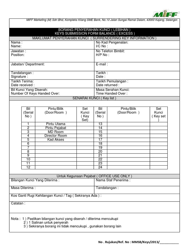 Borang Penyerahan Kunci Pejabat | PDF