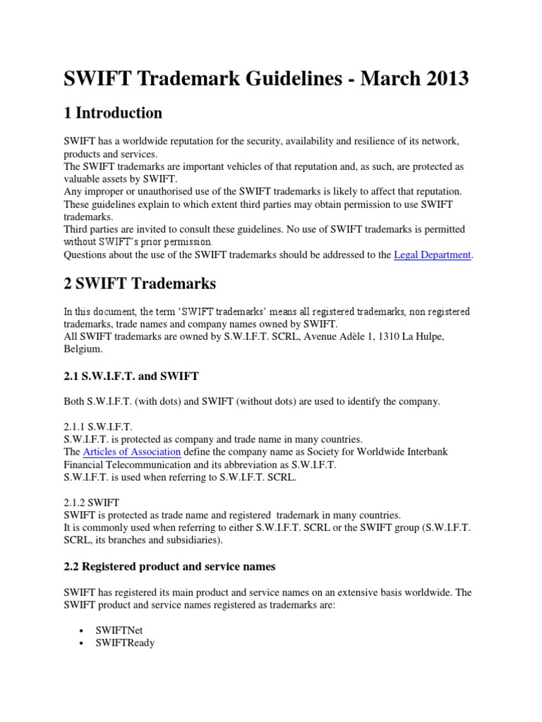 SWIFT Trademark Guidelines | PDF | License | Business Law