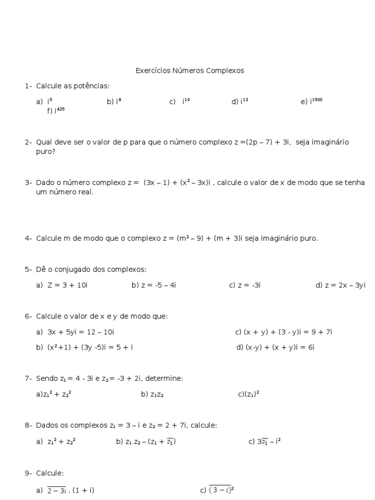 Exercícios Números Complexos | PDF