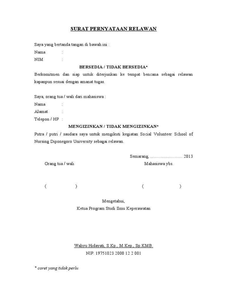 Surat Pernyataan Kesediaan Relawan | PDF