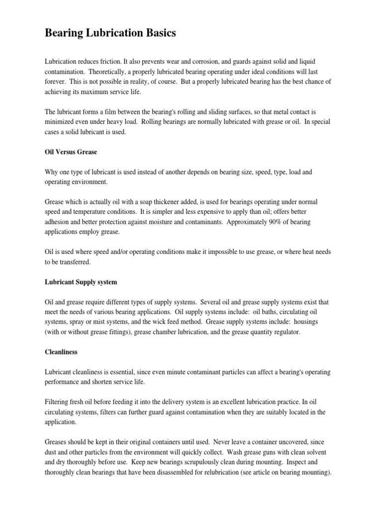 Bearing Lubrication Basics | PDF | Bearing (Mechanical) | Lubricant