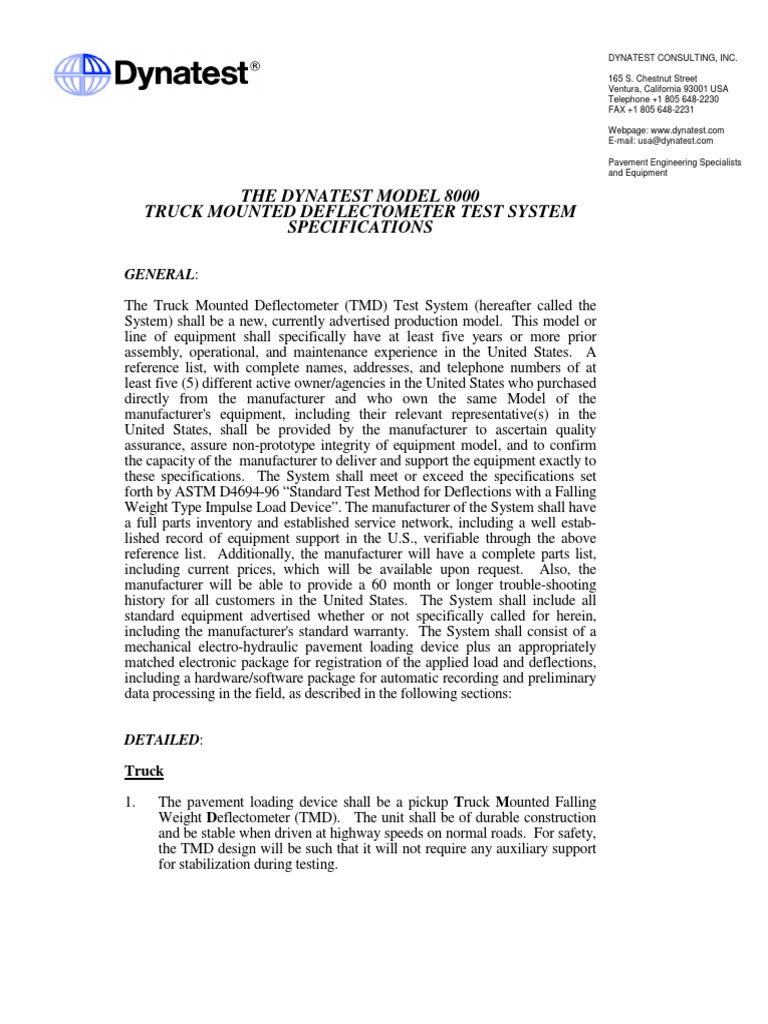 The Dynatest Model 8000 Truck Mounted Deflectometer Test System ...