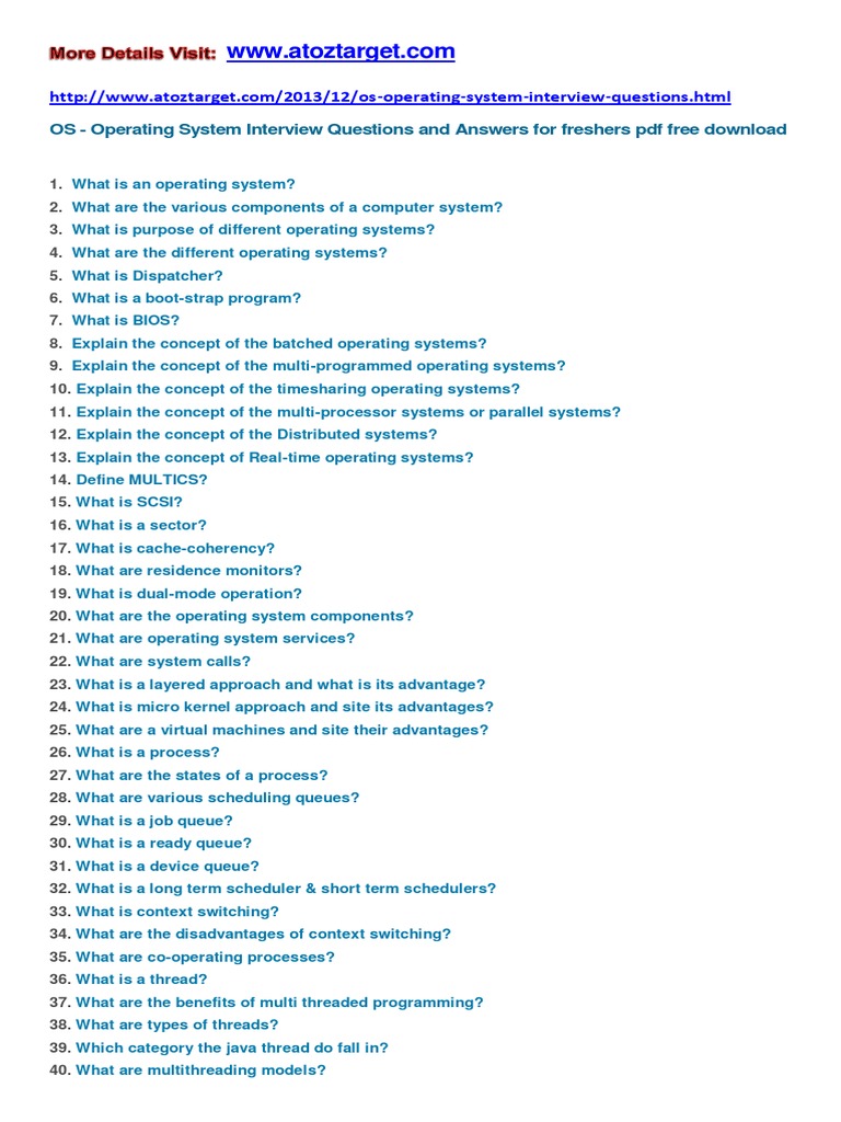 OS - Operating System Interview Questions and Answers For Freshers PDF | PDF | Thread (Computing ...