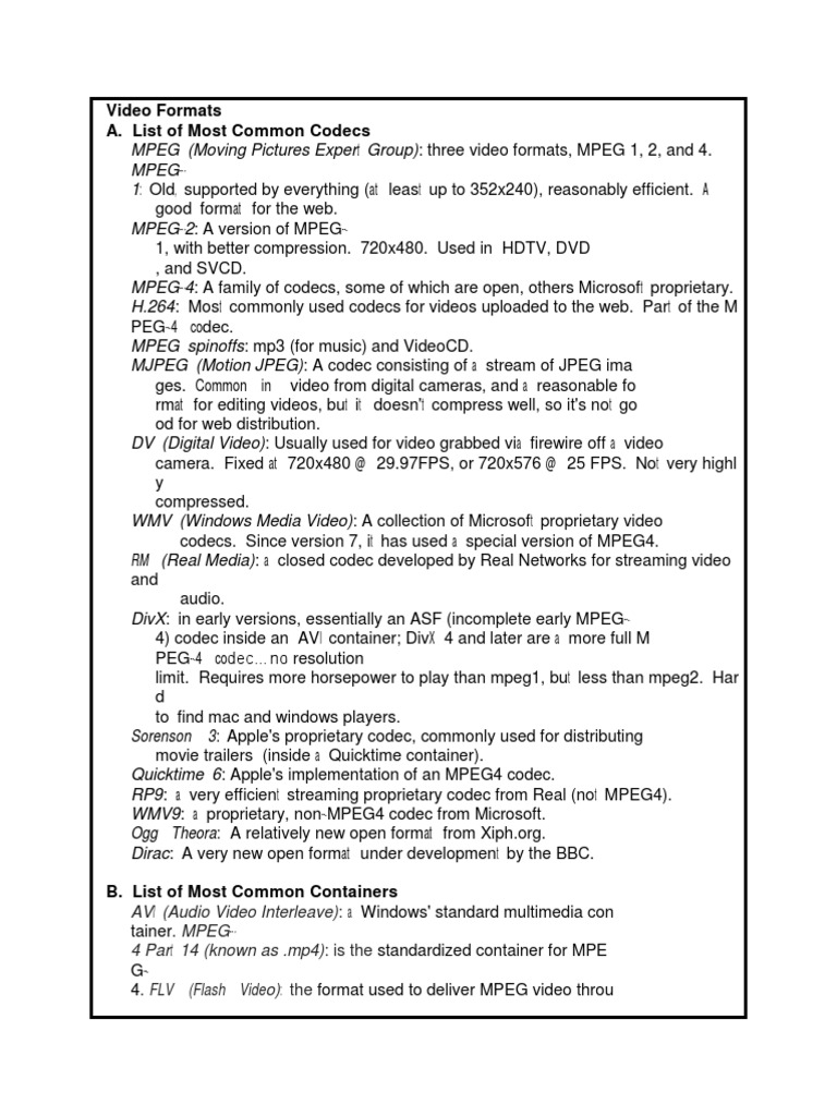 Video Formats A. List of Most Common Codecs | PDF | Codec | File Format