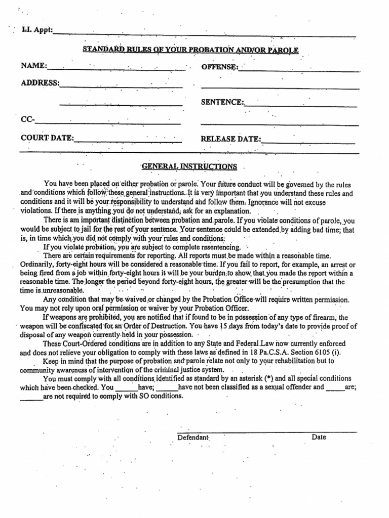 Probation And Or Parole Standard Rules Adams County Pa Probation
