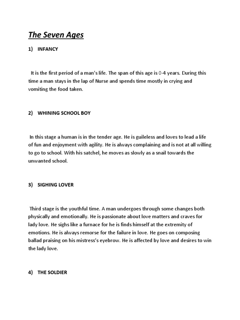 The Seven Ages by William Shakespeare - Summary of Each Stage | PDF