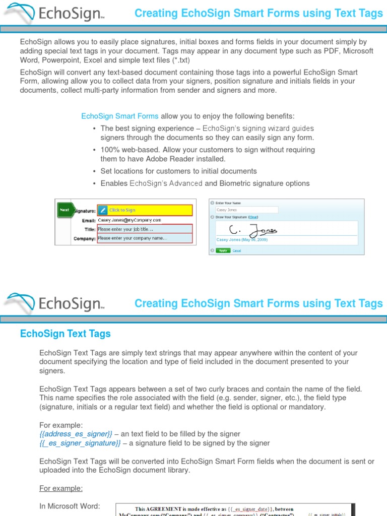 EchoSign E-Sign Text Tags For Signatures in Web / PDF Forms | PDF ...