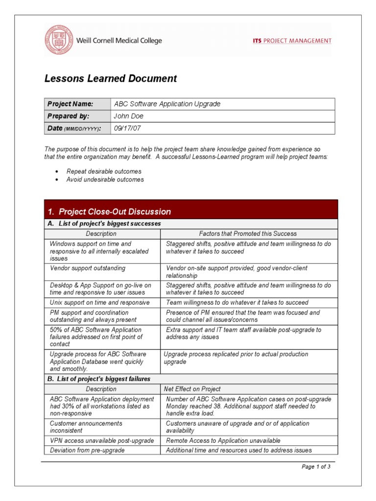Lessons Learned Document Sample | PDF