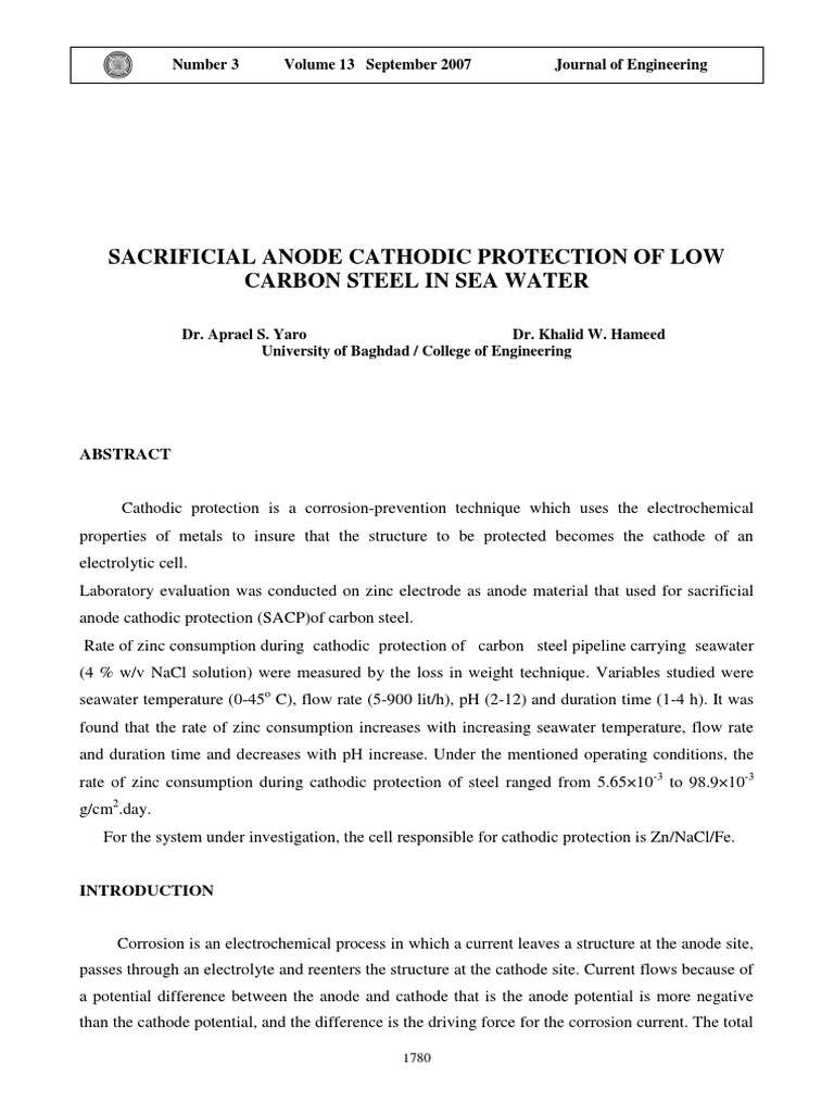 Sacrificial Anode Cathodic Protection of Low Carbon Steel in Sea Water ...