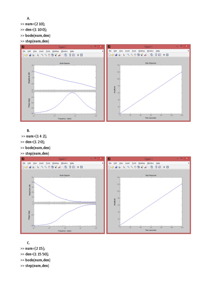 A. Num (2 10) Den (1 10 0) Bode (Num, Den) Step (Num, Den) | PDF