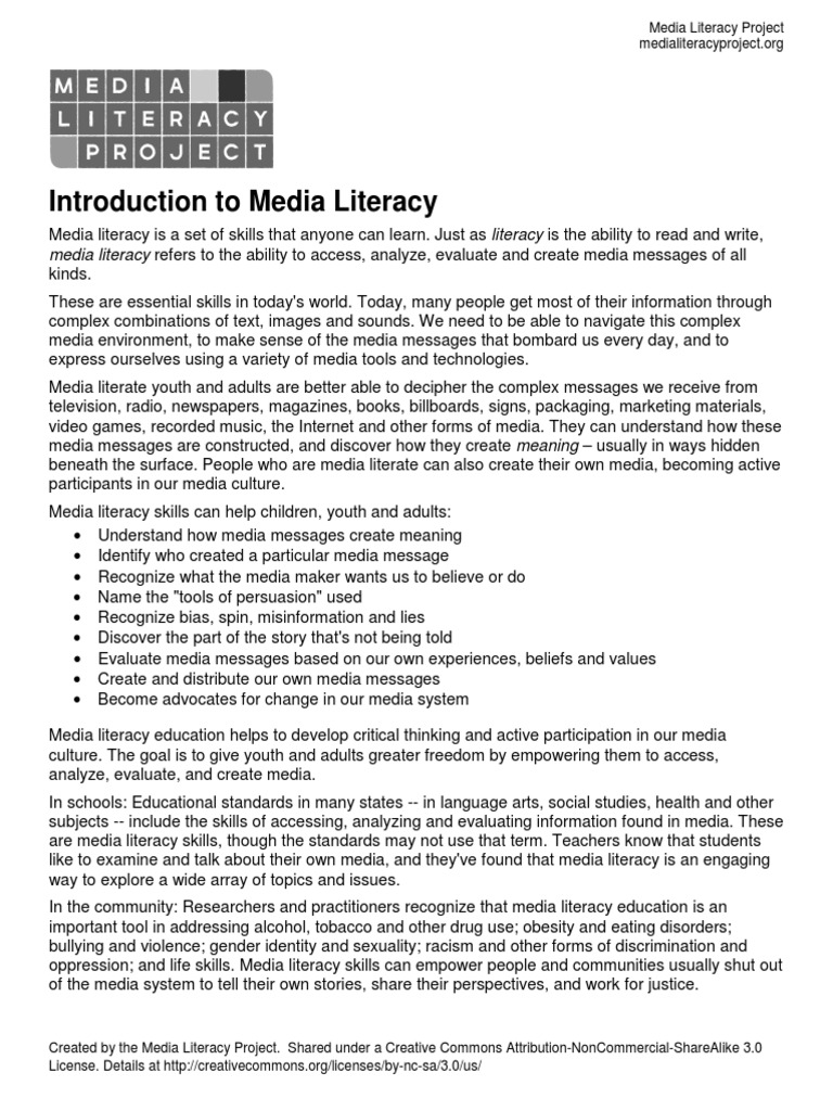 Intro To Media Literacy | PDF