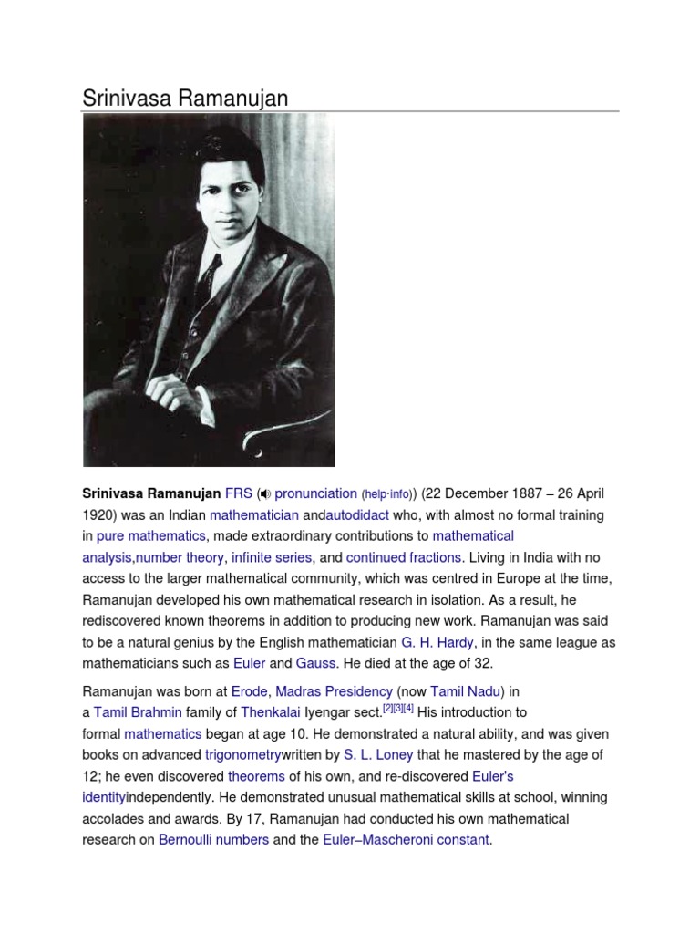 Srinivasa Ramanujan | PDF | Teaching Mathematics | Science