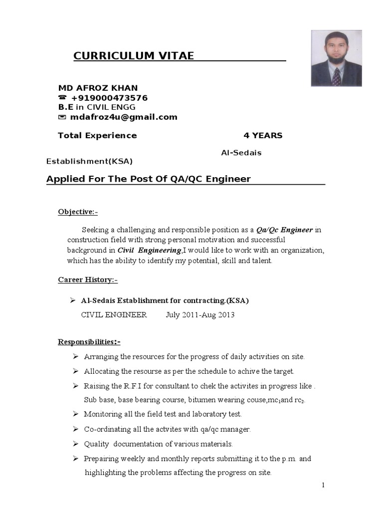 QA/QC Engineer CV - MD Afroz Khan | PDF