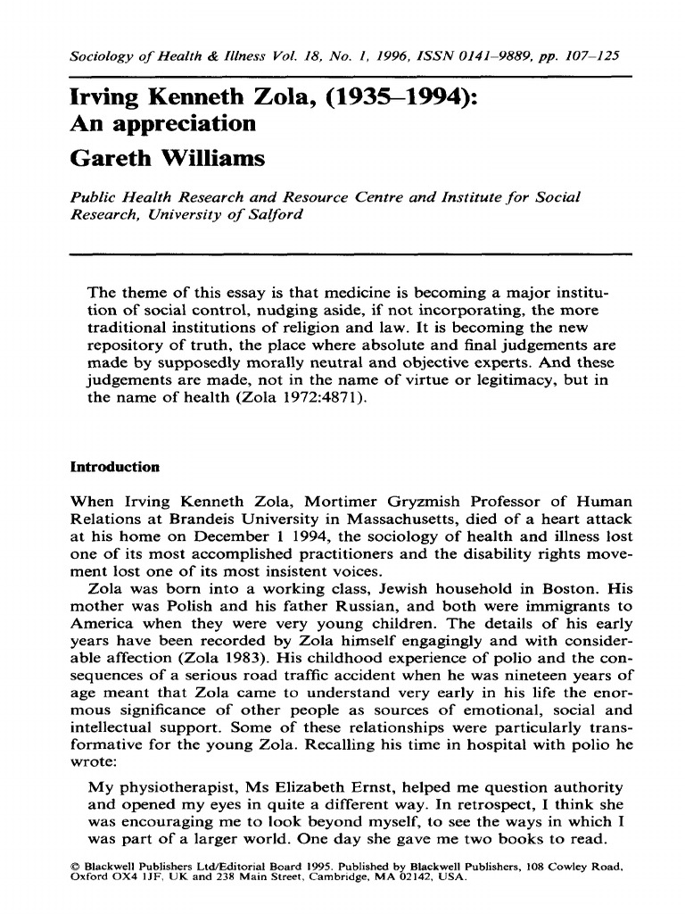 Zola (Williams, 1996) | PDF | Sociology | Disability