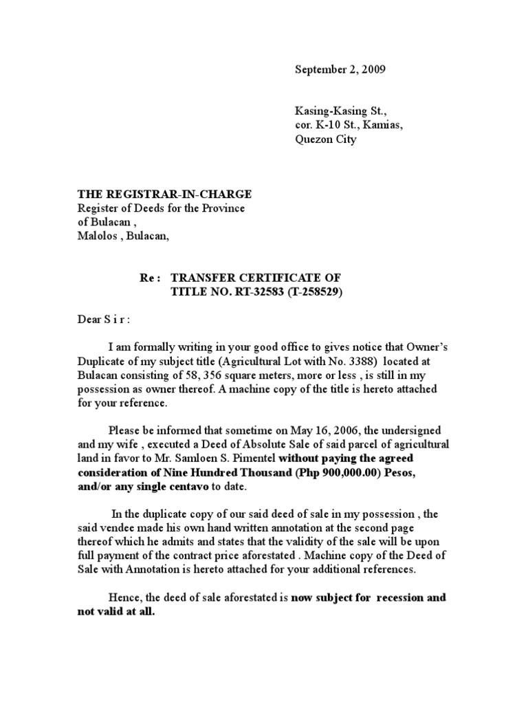 Atty. Buban Letter To Register of Deeds | PDF | Property Law | Civil ...
