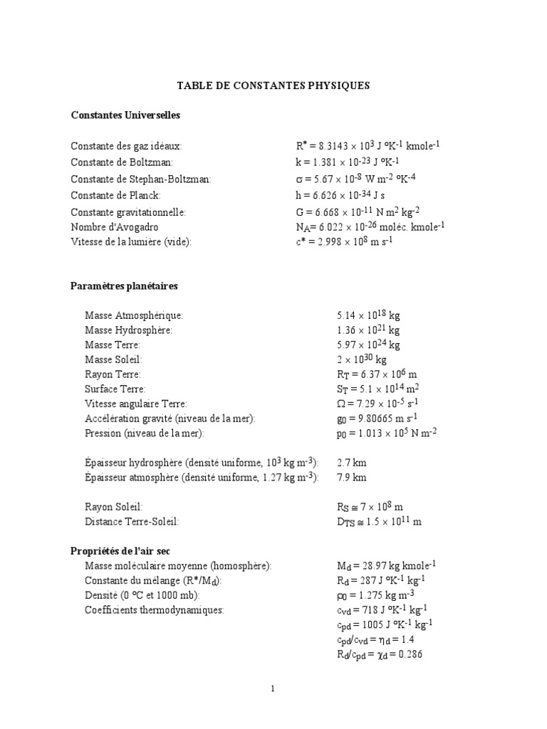 Constantes Physiques et Paramètres Atmosphériques | PDF | Atmosphère de ...