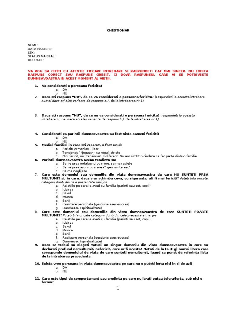 Chestionar de Autoevaluare Personală | PDF