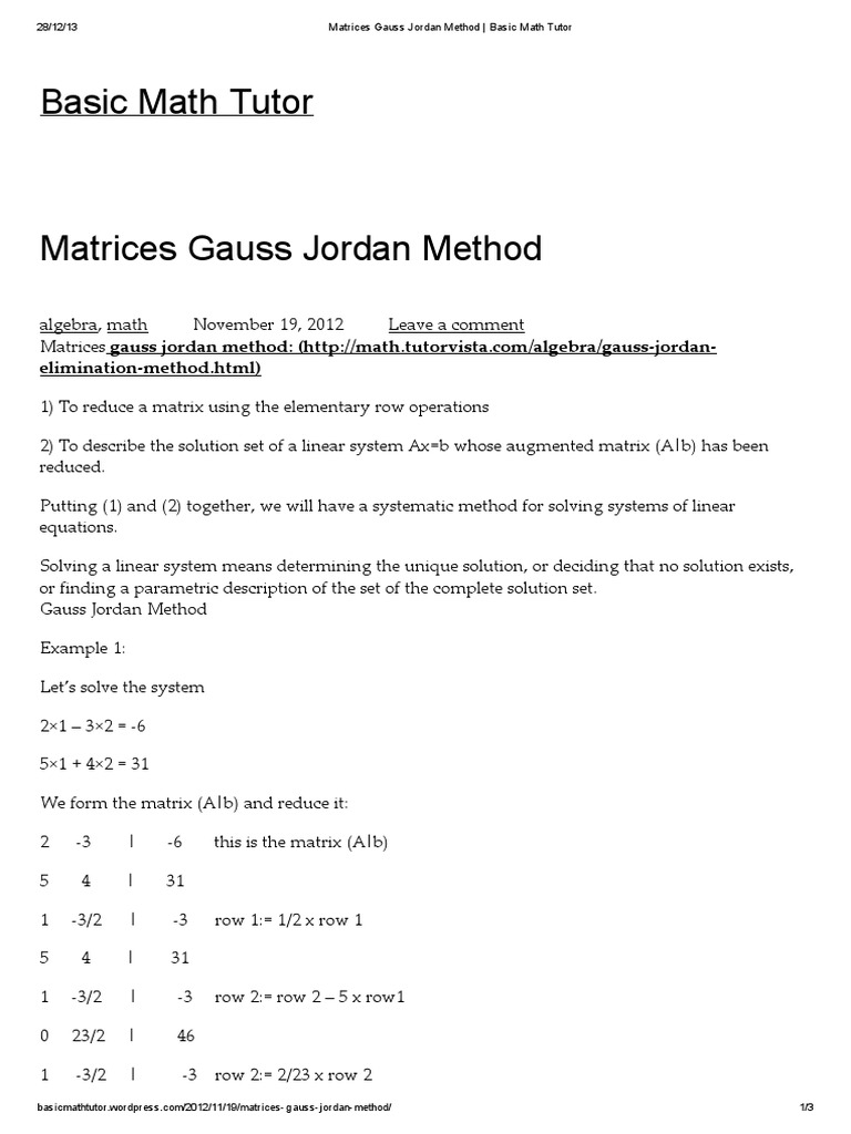 Gauss-Jordan Method for Matrices | PDF | System Of Linear Equations ...