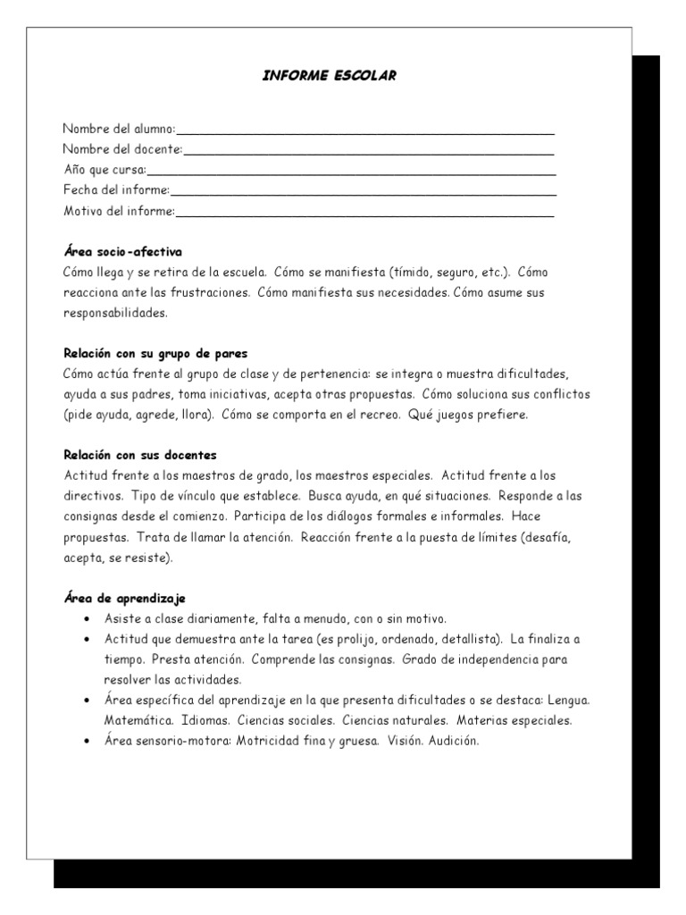 Informe escolar de progreso de un estudiante: Fortalezas, áreas de ...