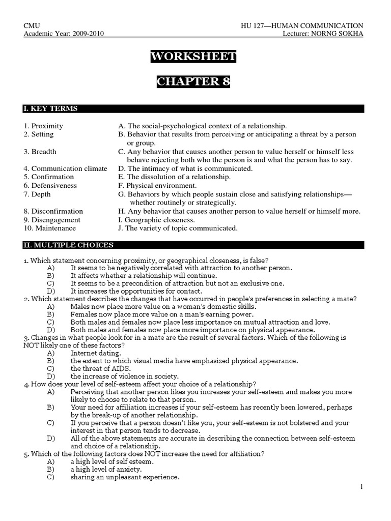 Worksheet Chapter 8 | Interpersonal Relationships | Intimate Relationships