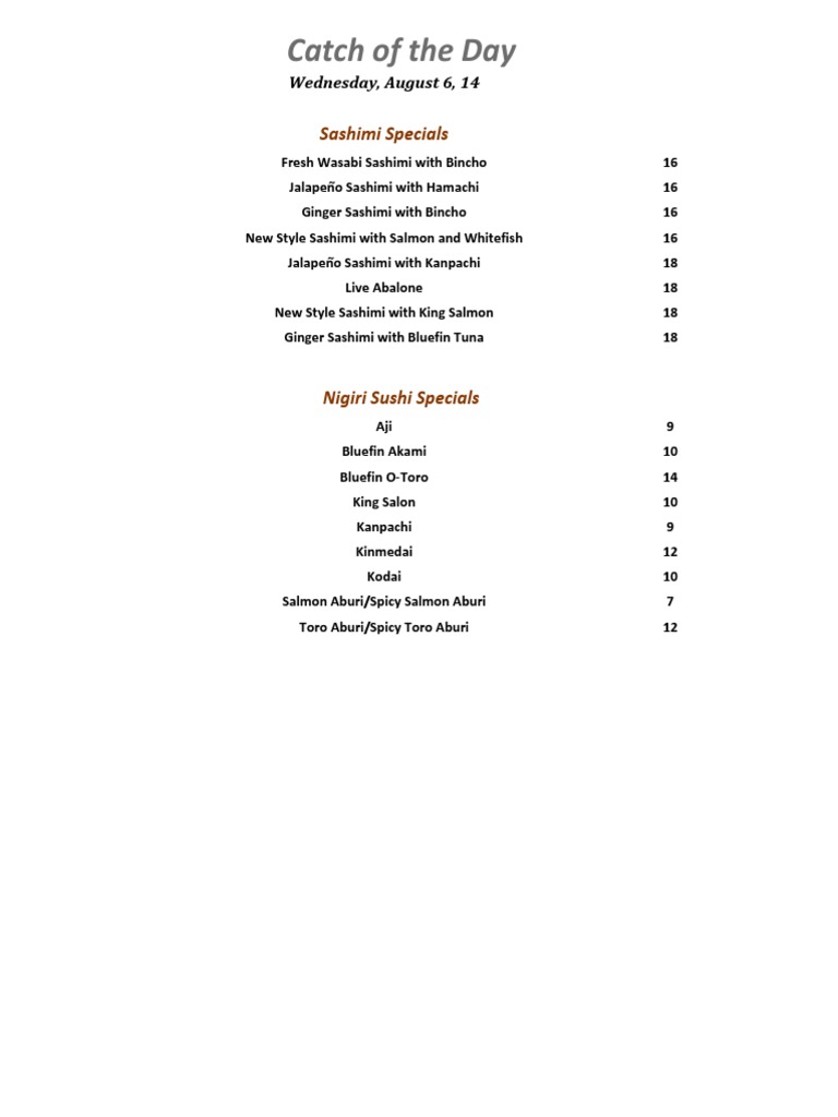 Sashimi and Sushi Specials Menu | PDF