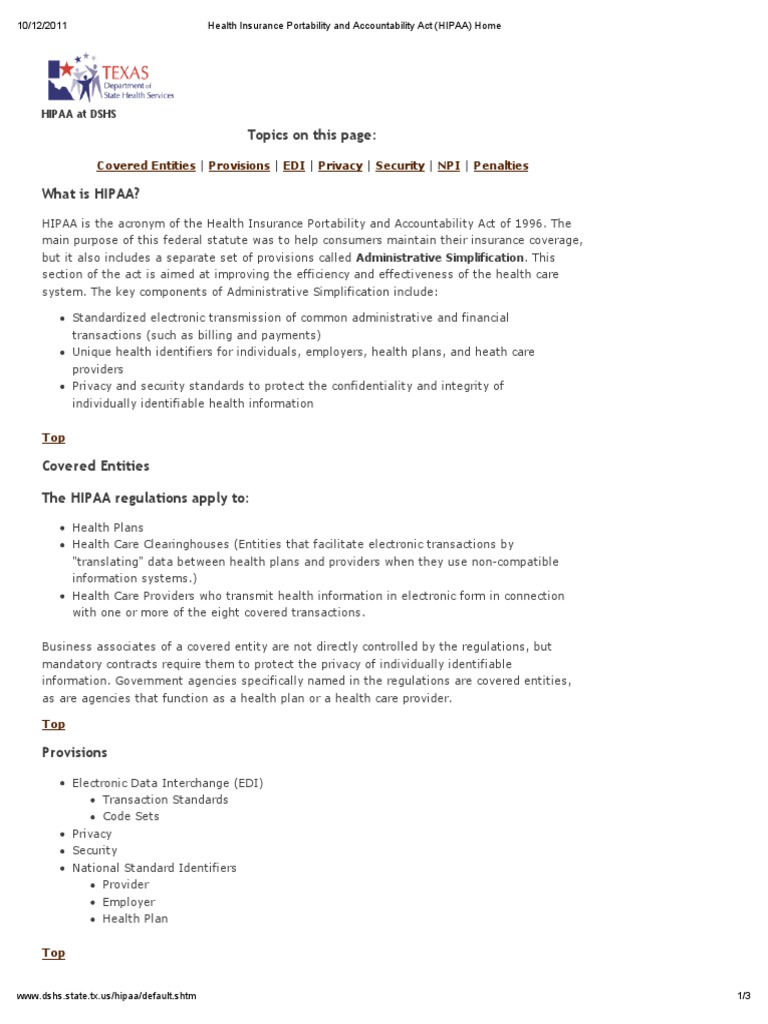 Health Insurance Portability and Accountability Act (HIPAA) Home | PDF ...