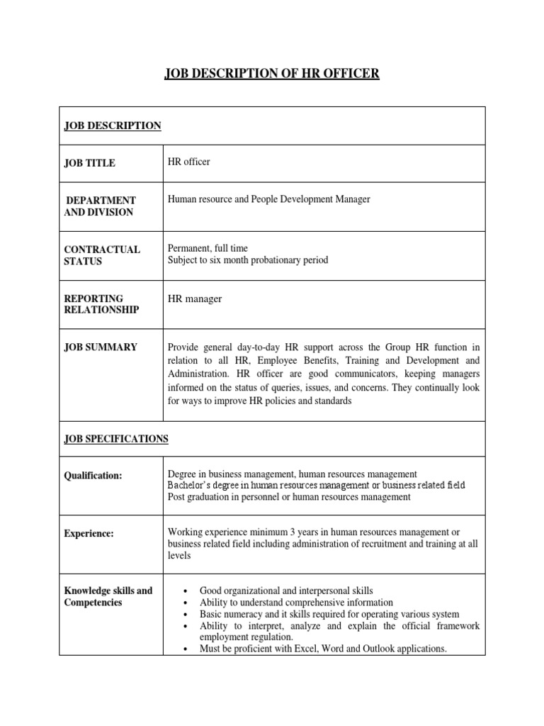 HR Officer Job Description Overview | PDF | Human Resource Management ...