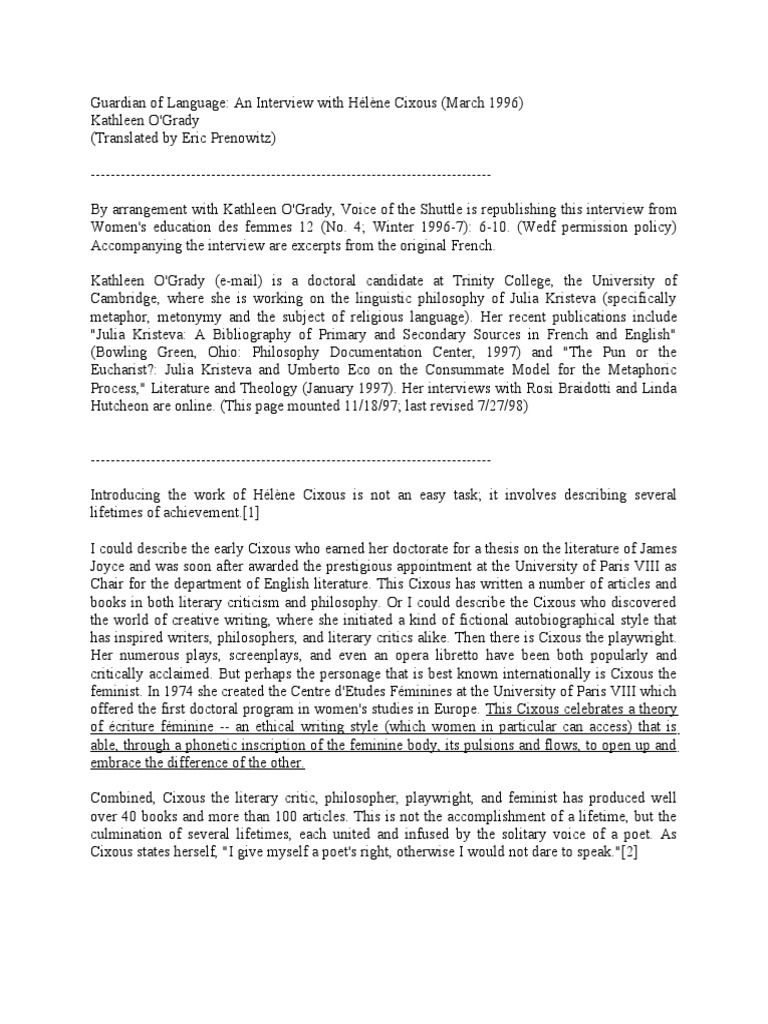 Guardian of Language Cixous Interview | PDF | Philosophy | Foreign ...