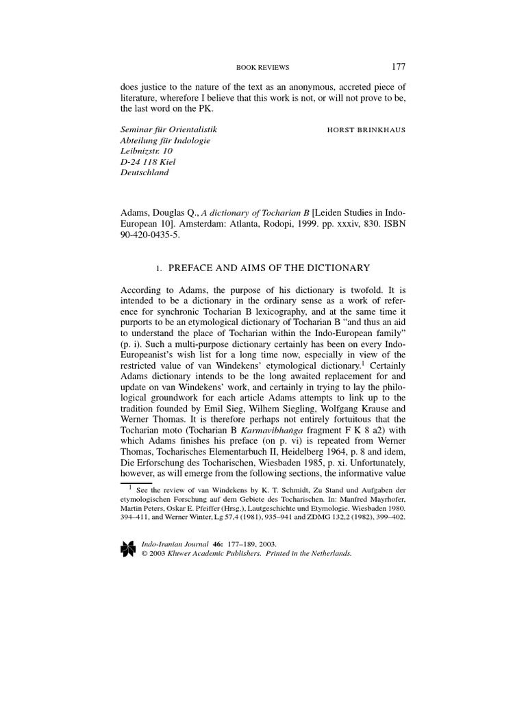 A Dictionary of Tocharian B | PDF | Grammatical Gender | Onomastics