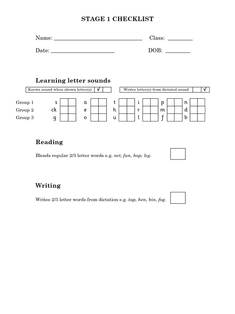 Jolly Phonics Stage 1 Checklist | PDF | Nature