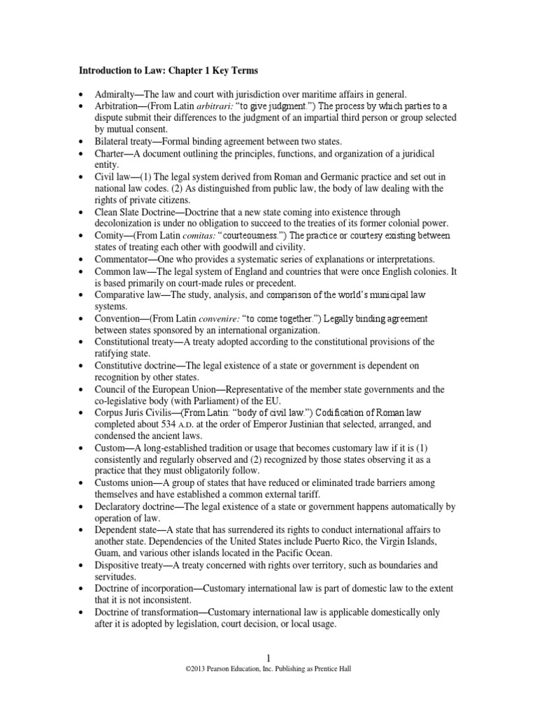 Introduction To Law: Chapter 1 Key Terms: ©2013 Pearson Education, Inc ...