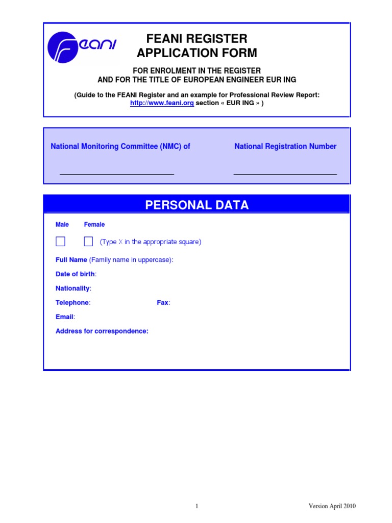 Feani Register Application Form: Personal Data | Download Free PDF ...