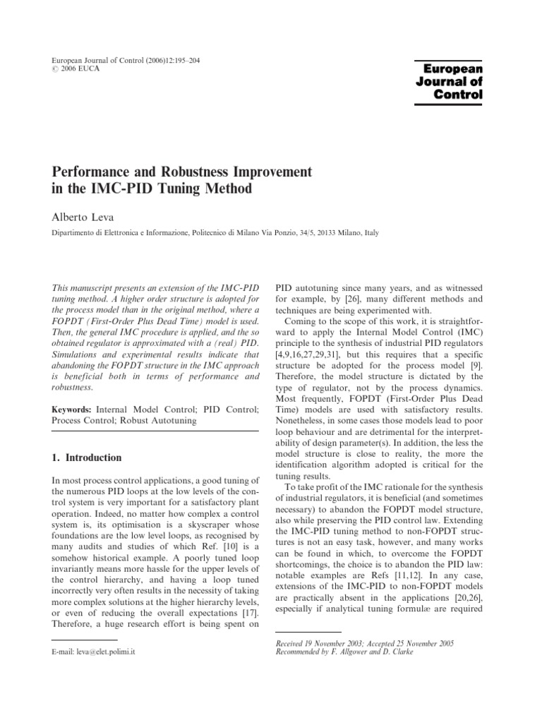 Performance and Robustness Improvement in The IMC-PID Tuning Method | PDF | Control Theory ...