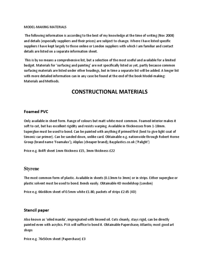 Model Makiing Materials - Part 1 | PDF | Wood | Paper