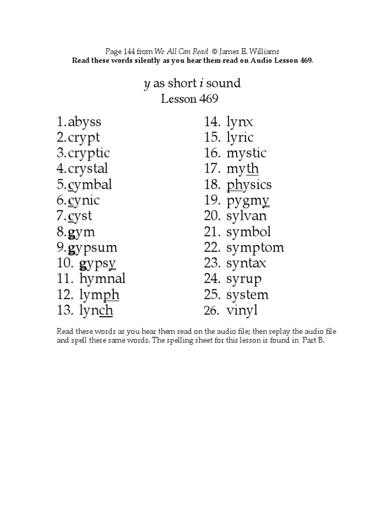 Y As Short I Sound: Lesson 469 | PDF
