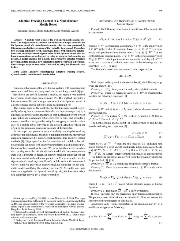 02 Adaptive Tracking Control of A Nonholonomic Mobile Robot | PDF | Kinematics | Control Theory