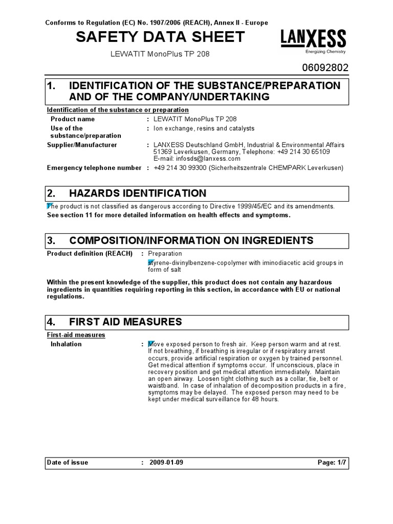 Lewatit Monoplus TP 208 | PDF | Packaging And Labeling | Waste