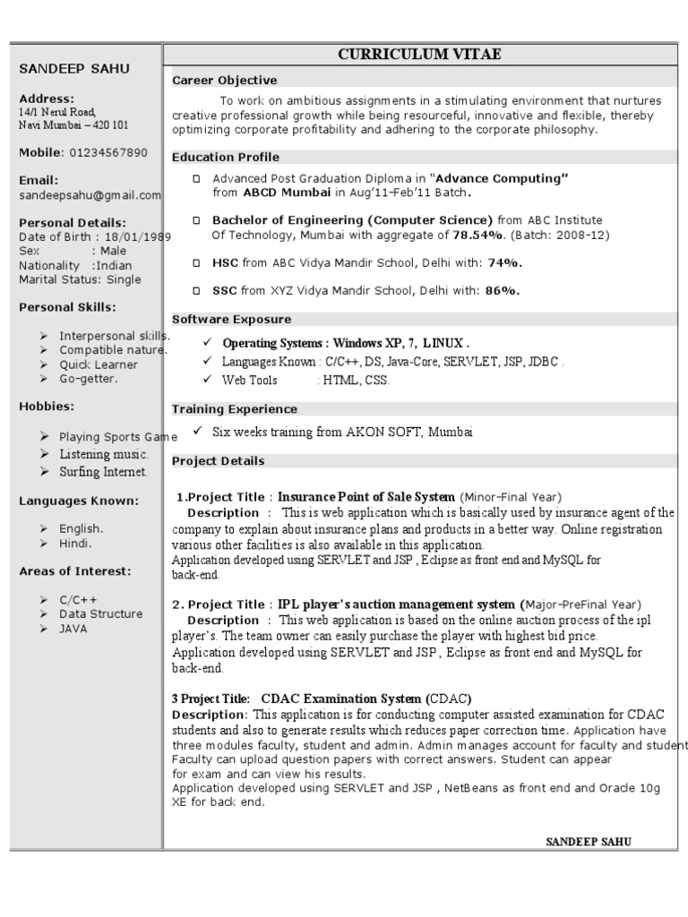 One Page Resume Format in | PDF | Computing | Computing And Information ...