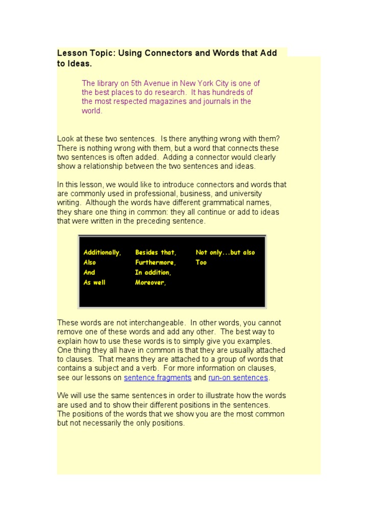 Lesson Topic: Using Connectors and Words That Add To Ideas | PDF ...